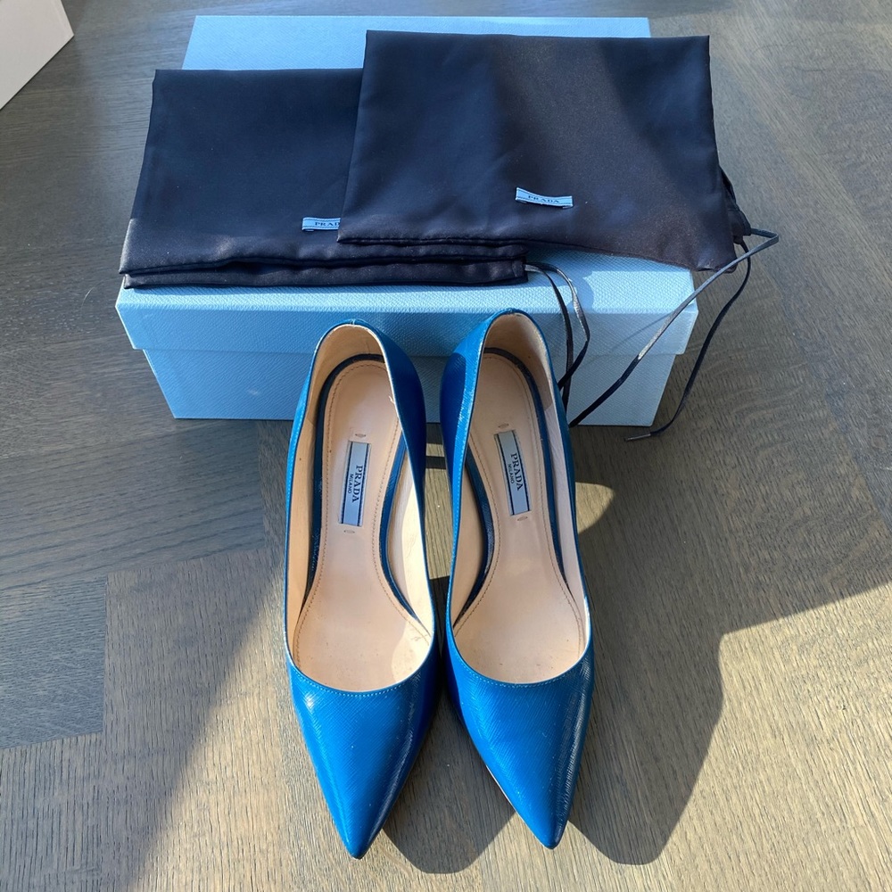 Prada Saffiano Textures Leather Pumps 85mm - Blue - Gem